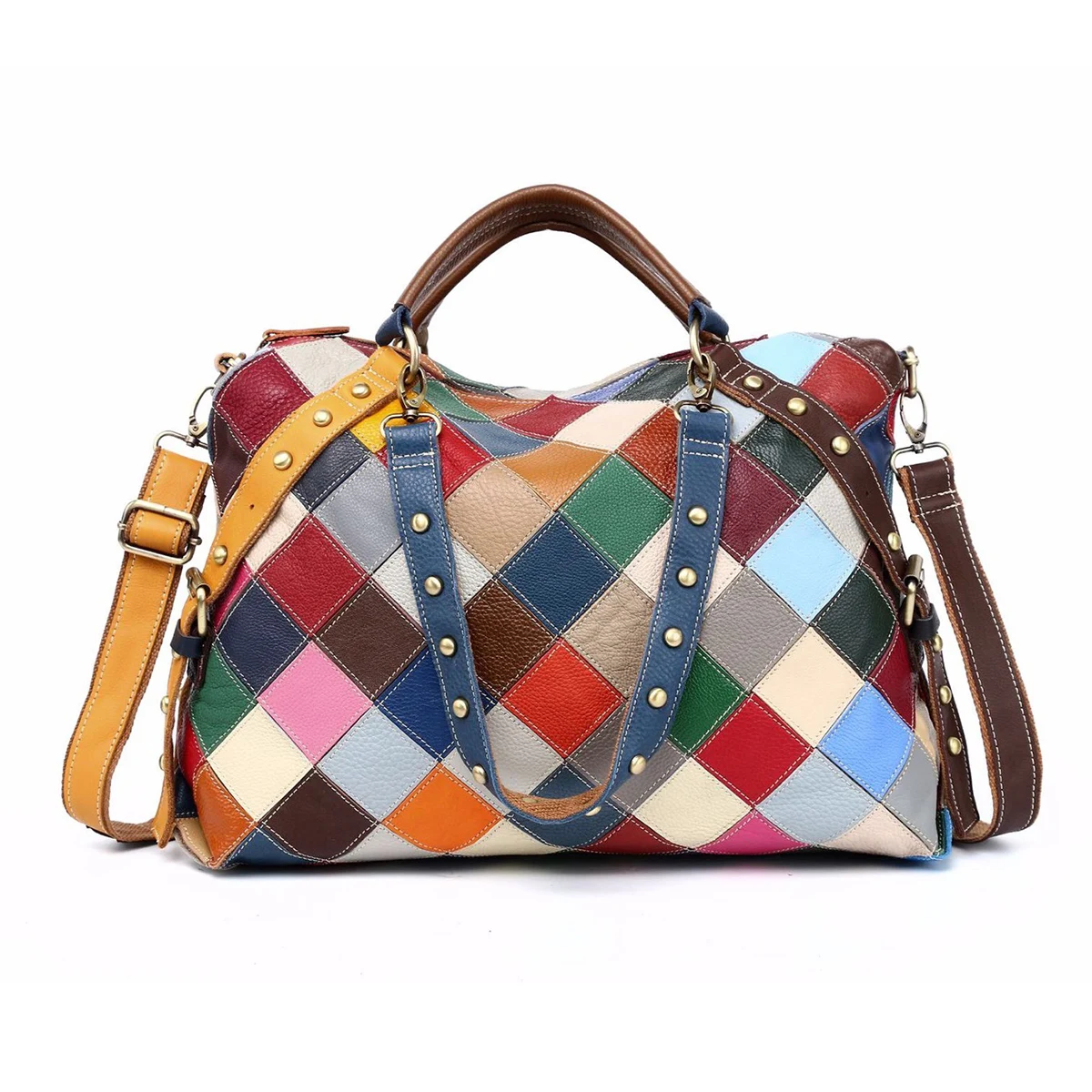 Leather-color-checkered-random-color-cowhide-hand-bag-rivets-women ...