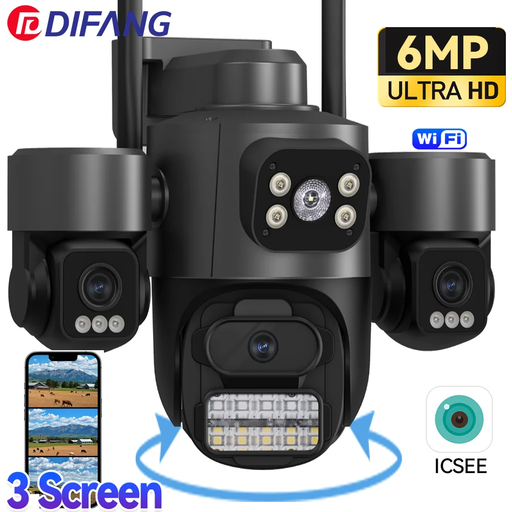 iCsee Three Lens Three Screen PTZ WiFi Security Camera Outdoor Auto Tracking Mini Surveillance ...