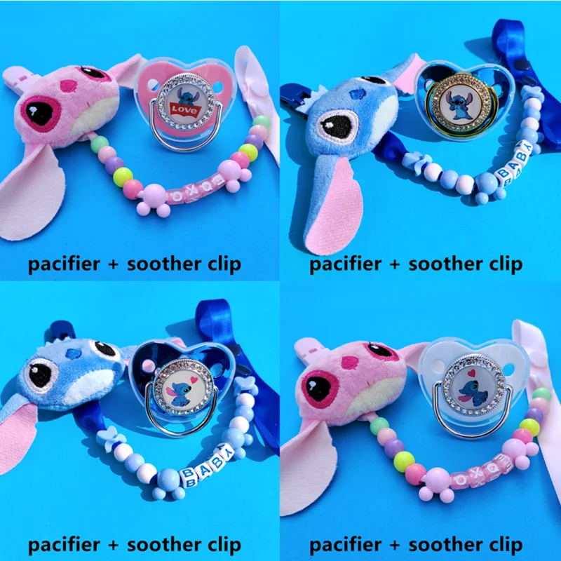 Pink Blue Stitch Plush Custom silicone baby pacifiers Clips with Soft ...