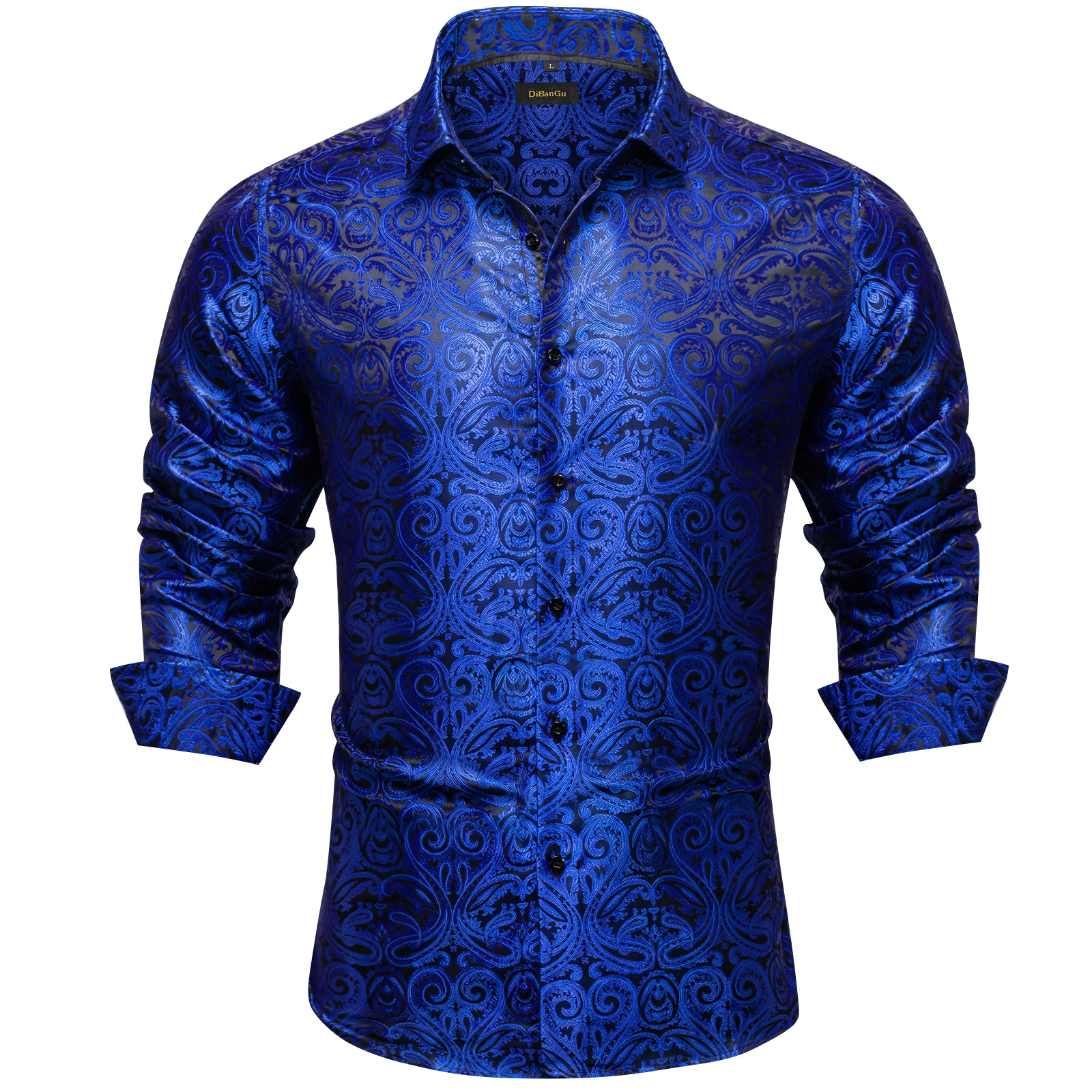 Royal Blue Paisley Solid Silk Polyester Shirts for Men Long Sleeve ...