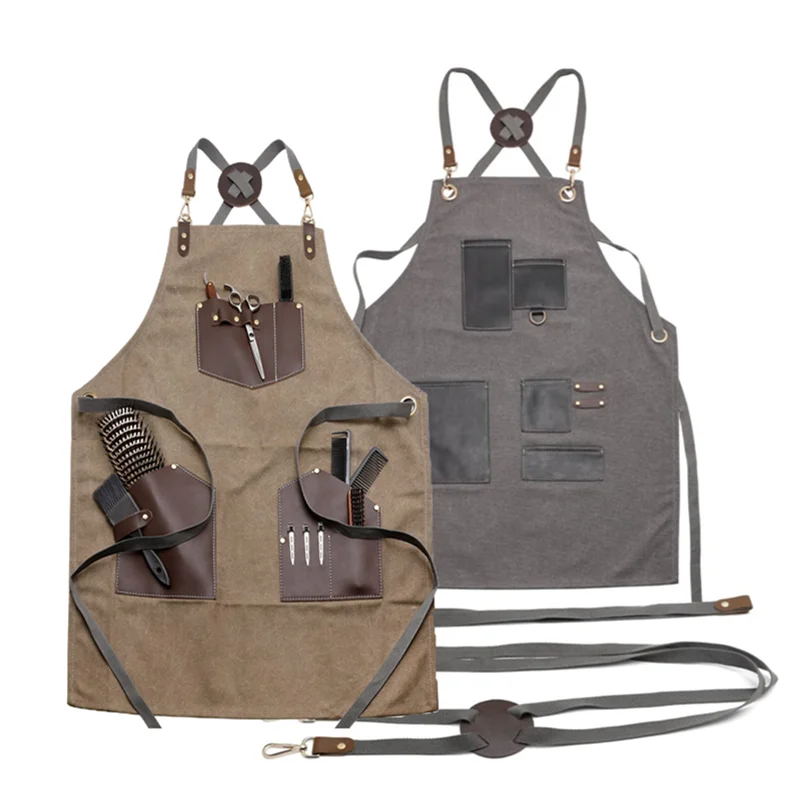 Barber-Apron-Canvas-Bib-Restaurant-Leather-Pinafore-Women-Men-Strap ...