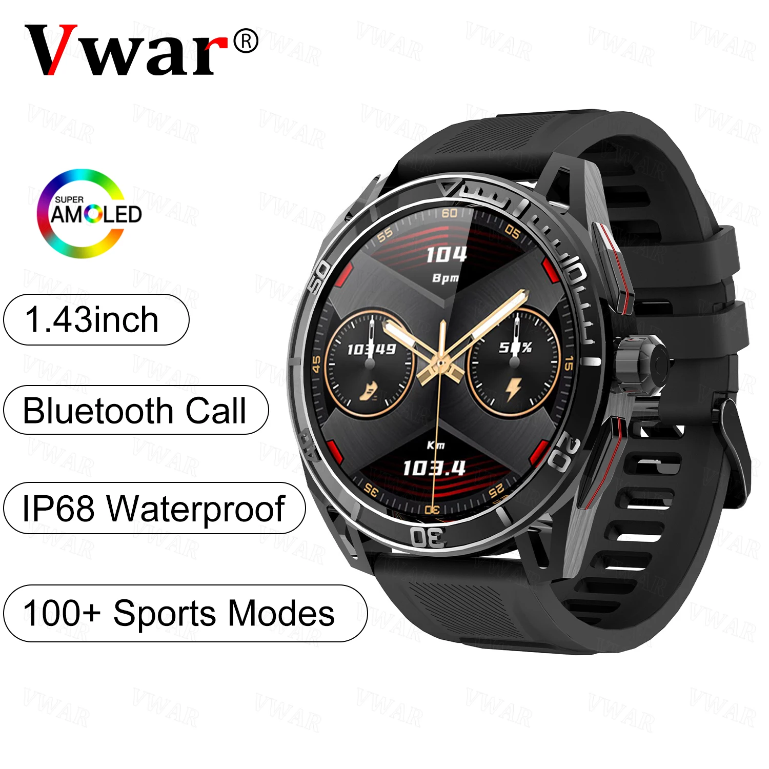 VWAR reloj inteligente AMOLED para hombre, accesorio de pulsera resistente al agua IP68 con ...
