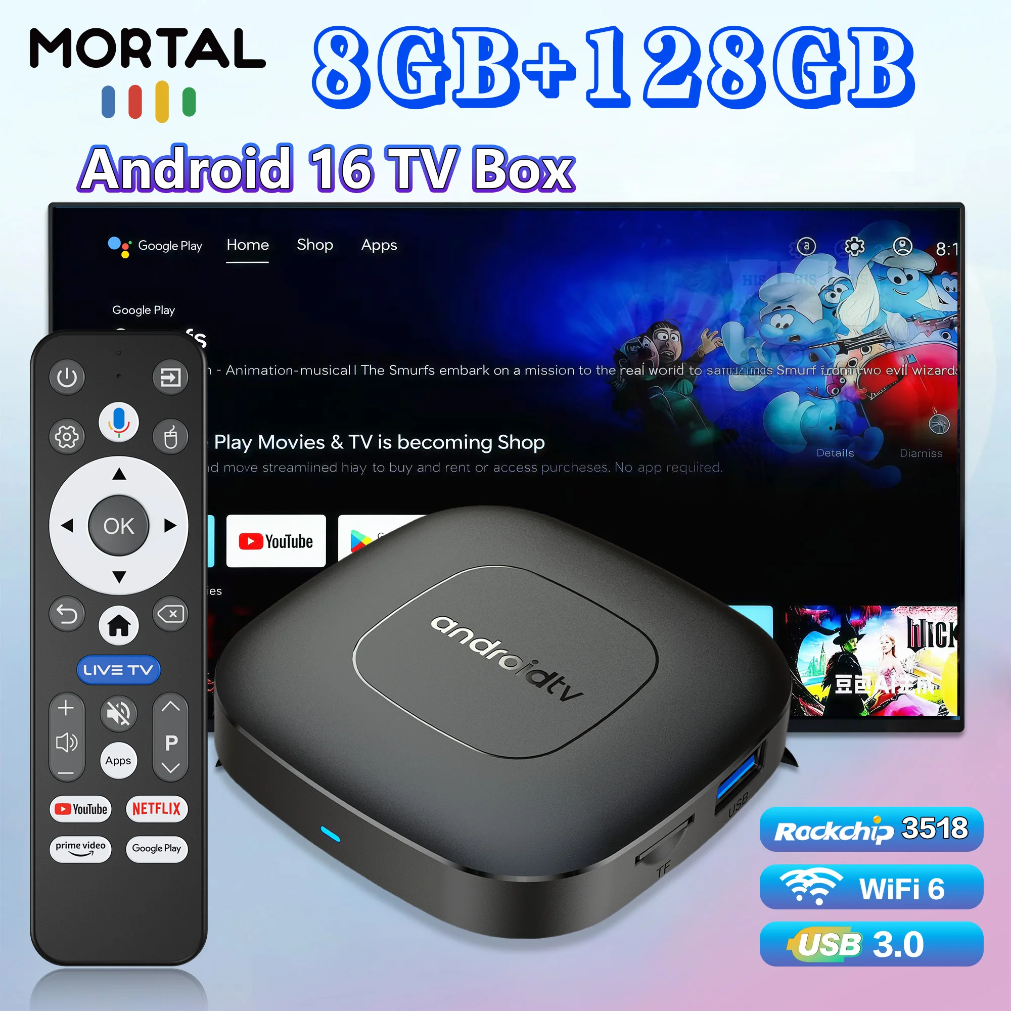 Mortal T1 Android16 TV Box RK3518 Voice Google Chromecast 128G 4K HDR ...