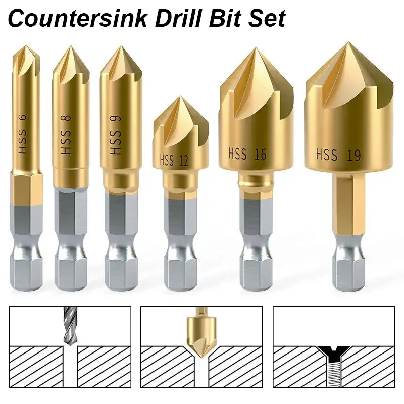 6-Pcs-HSS-Countersink-Drill-Bit-Set-Reamer-Woodworking-Chamfer-Drill ...