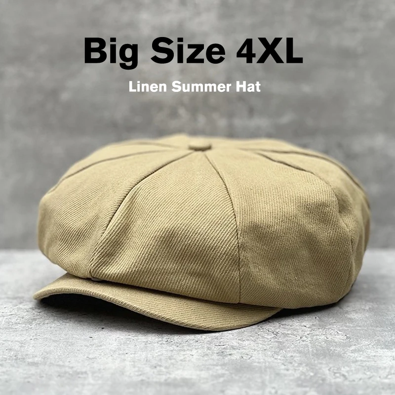 Cotton-Linen-Big-Size-Summer-Newsboy-Cap-Men-Twill-8-Panel-Hat-Baker ...