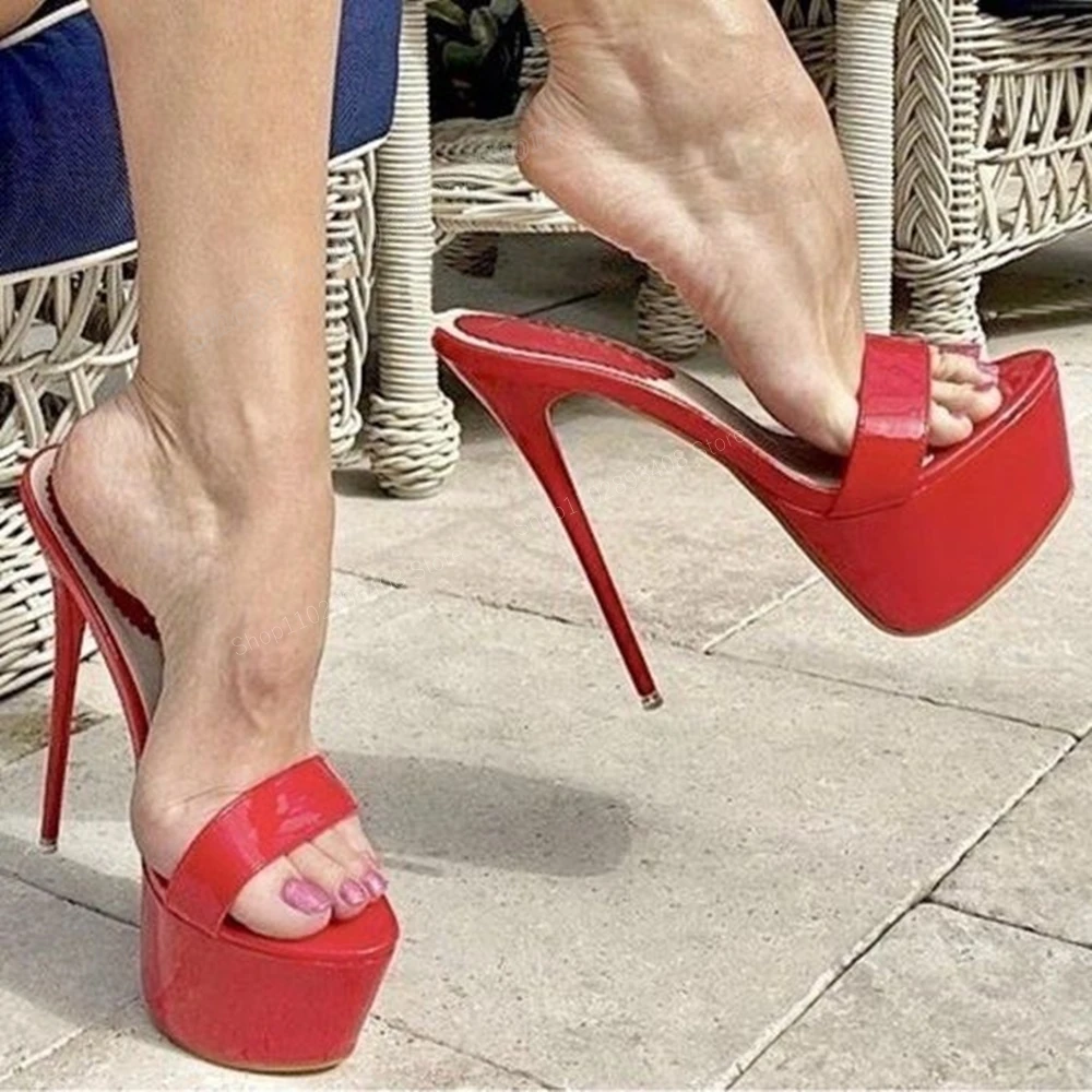 Red-Patent-Leather-Platform-Peep-Toe-Slippers-Slip-on-Stiletto-High ...
