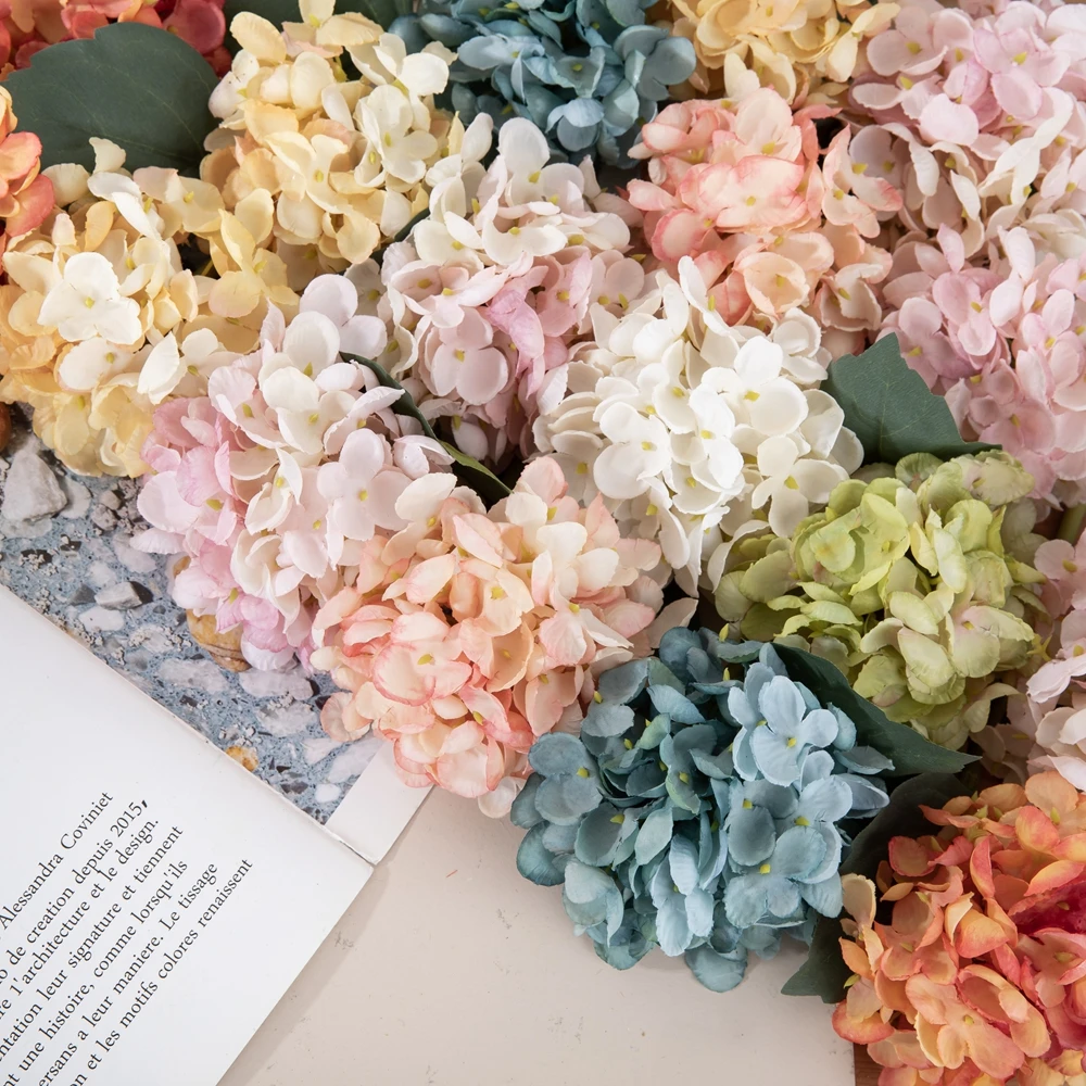 Artificial hydrangea flower branch with fake leaves silk flowers for ...