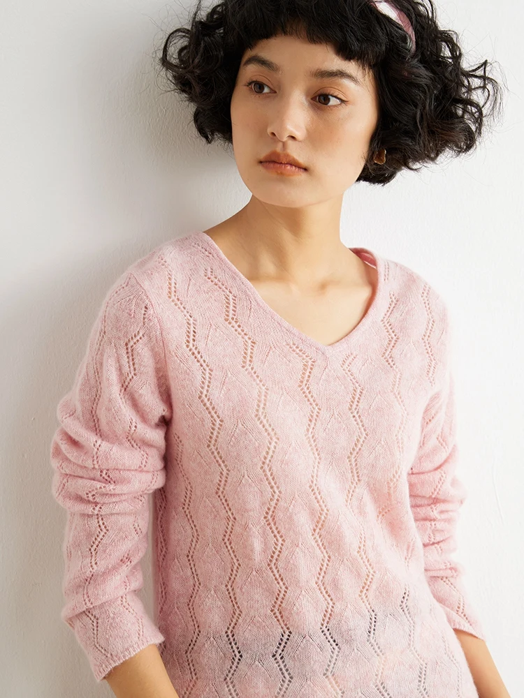 Womens Openwork Cashmere Fine Wool V-neck Knitted Hollow Out Pattern ...
