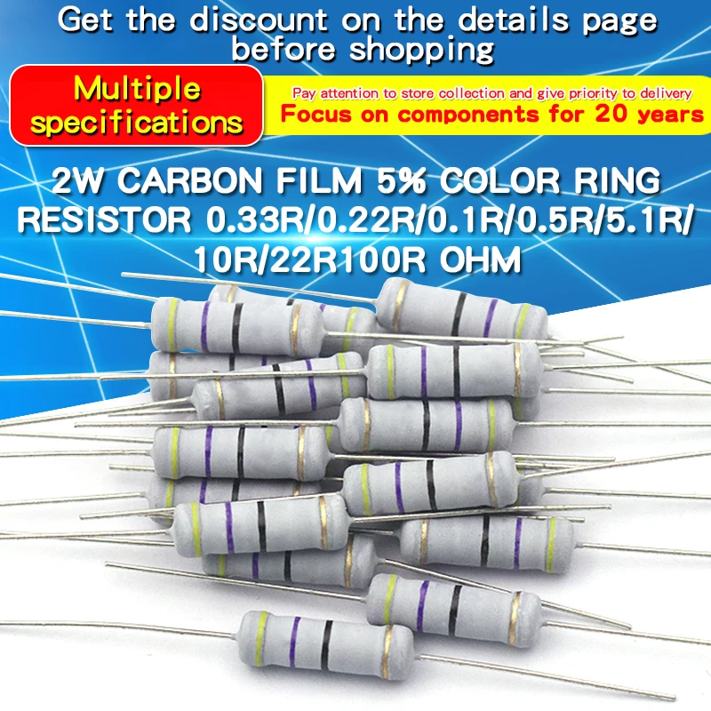 20pcs 2W Carbon Film Resistor 5% Resistance 0.1Ω-2MΩ 0.47 10 47 100 200 ...