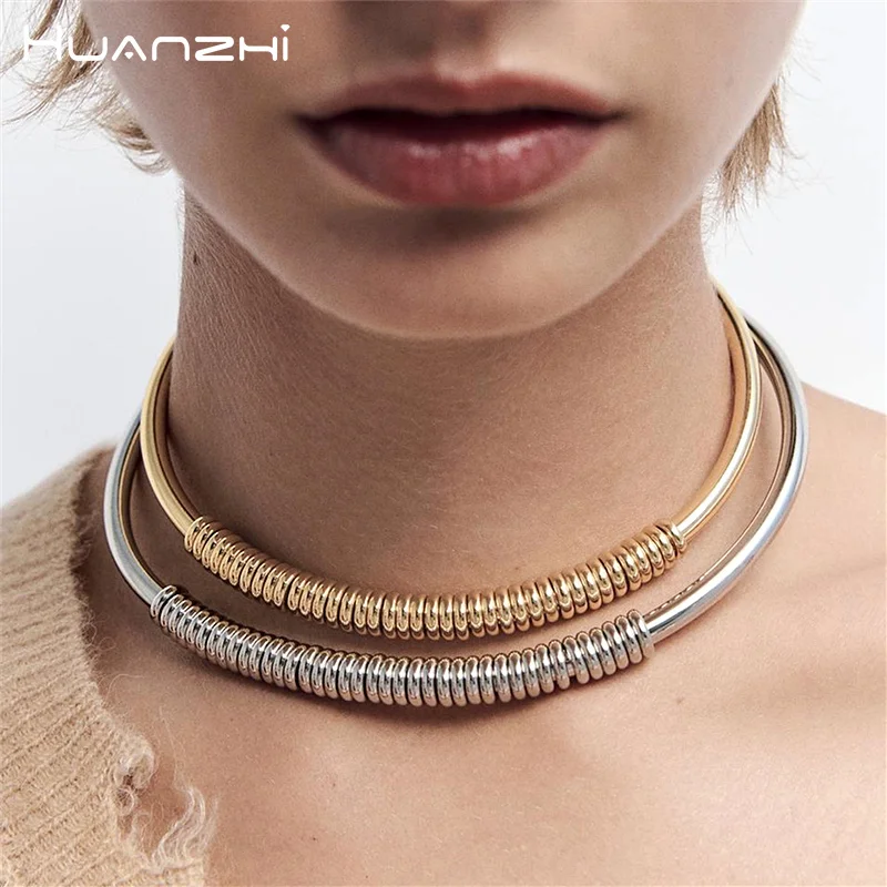 HUANZHI-Alloy-Spiral-Spring-Collar-Open-Choker-Exaggerated-Necklace-for-Women-Girls-Fashion ...