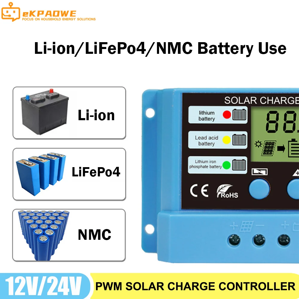30A 20A 10A 12V 24V LCD PWM Voltage Solar Controller Li ion Battery ...