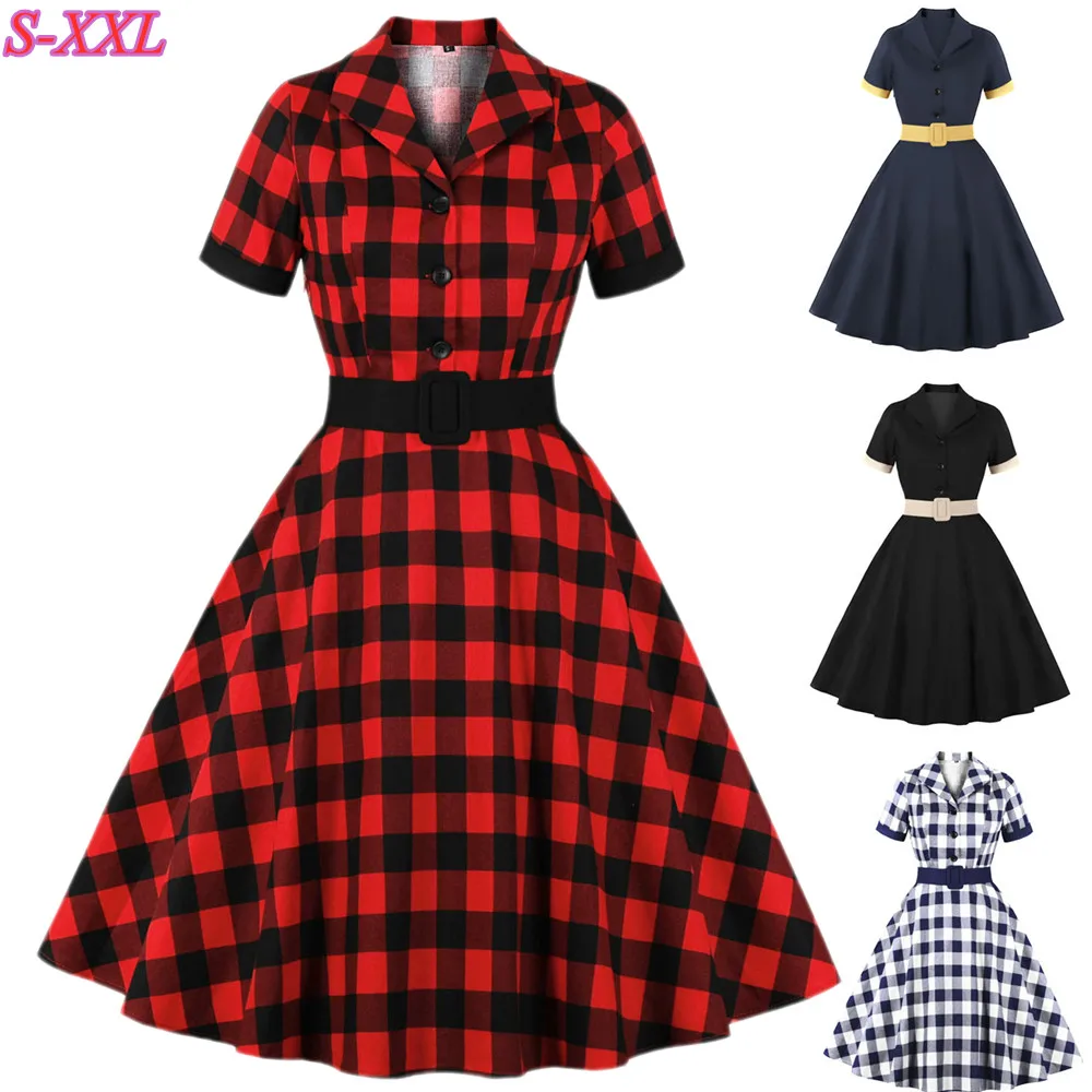 Vestido-Rockabilly-de-algod-n-de-manga-corta-para-mujer-traje-Retro ...
