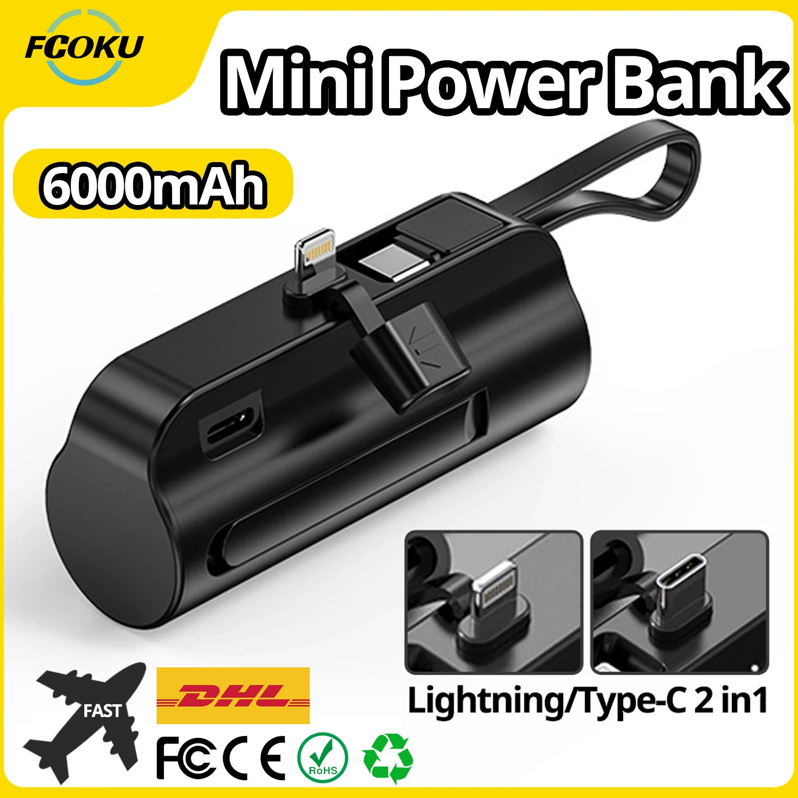 New-6000mAh-Mini-Power-Bank-2-In1-Built-in-Cable-PowerBank-Plug-Play ...