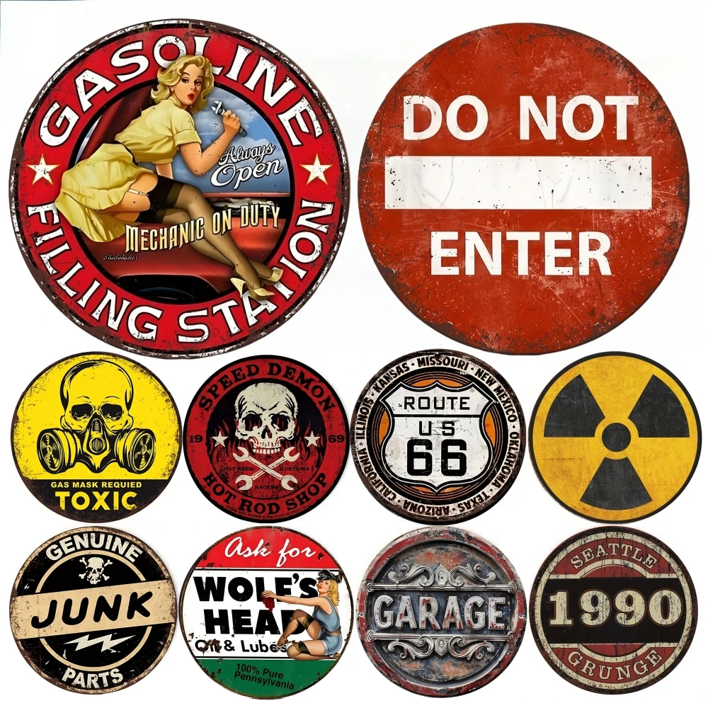Garage Gas Station Round Metal Aluminum Sign Art Decorative Plates ...