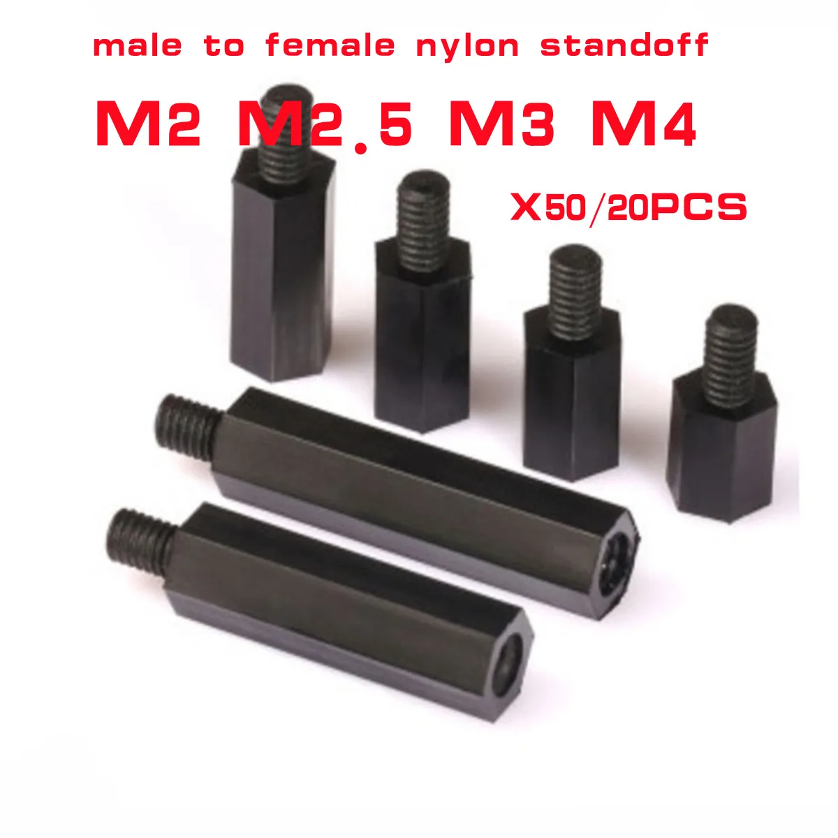 20/50PCS Nylon Spacer M2 M2.5 M3 M4*L+6 Male to Female Black Nylon ...