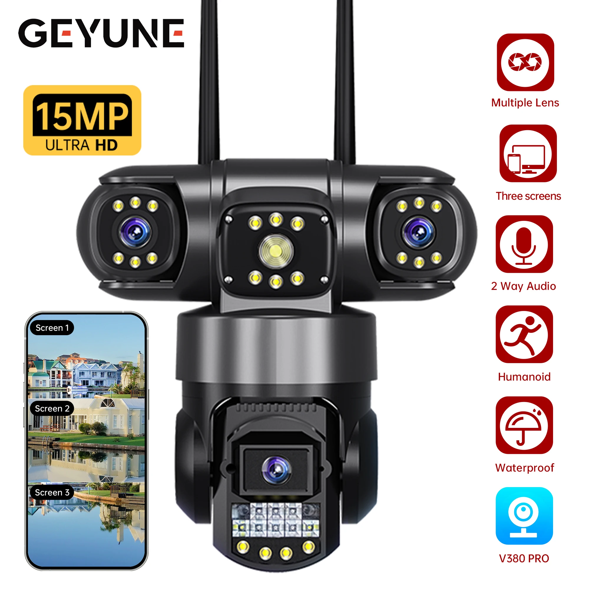 15MP Three Lens Three Screens PTZ IP Camera Outdoor HD Wifi Security ...