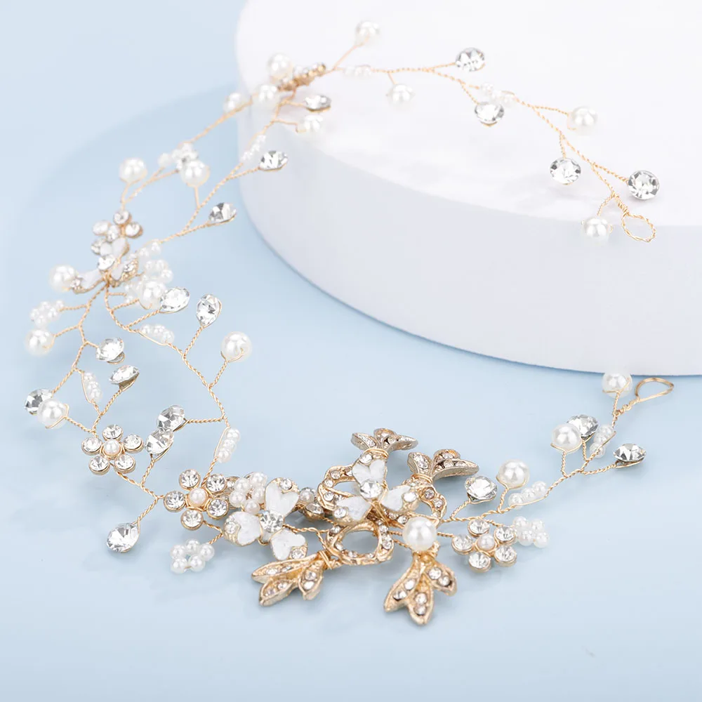 Rhinestone Silver Gold Pearl Bridal Headband Handmade Leaf Wedding Hair ...