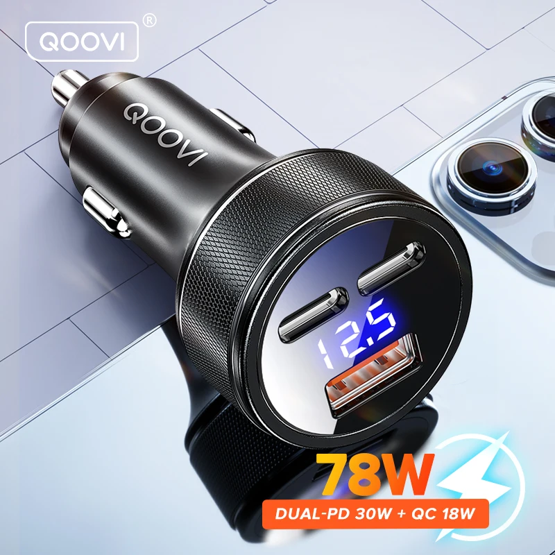 QOOVI 78W 3-Ports Car Charger PD USB Type C QC3.0 Phone Charger Fast Charging For iPhone 14 ...
