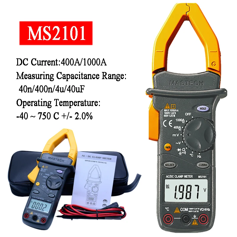 MASTECH MS2101 AC/DC 1000A Digital Clamp Meter DMM Hz/C Clamp Meter ...