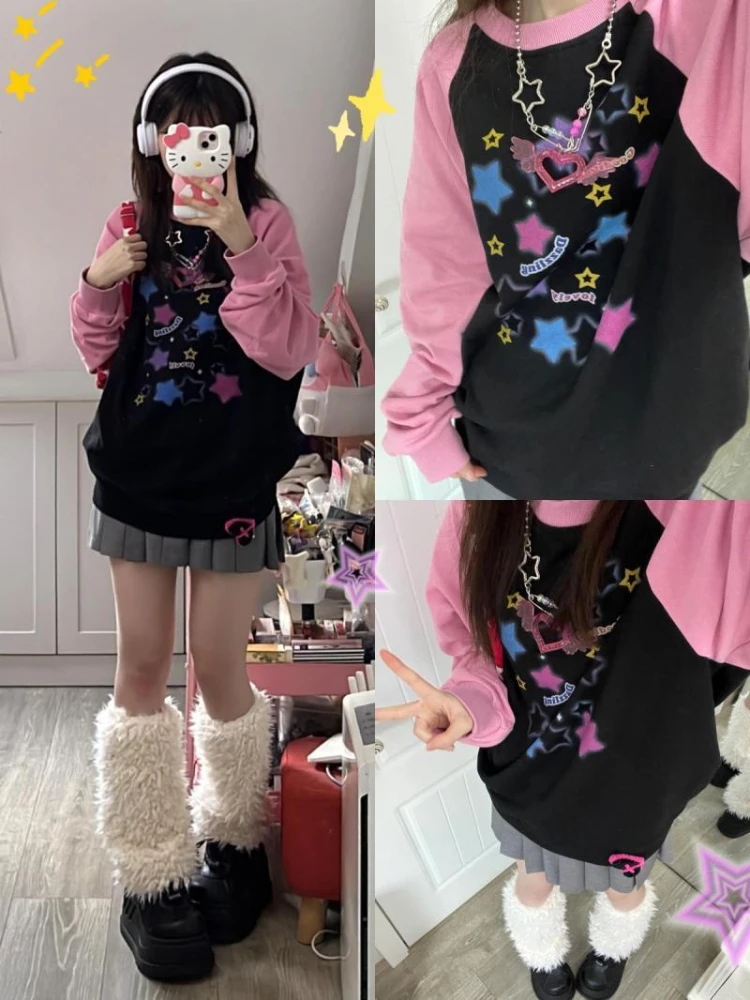 Deeptown Y2K Aesthetic Star Print Hoodies Women Harajuku Kpop Casual ...