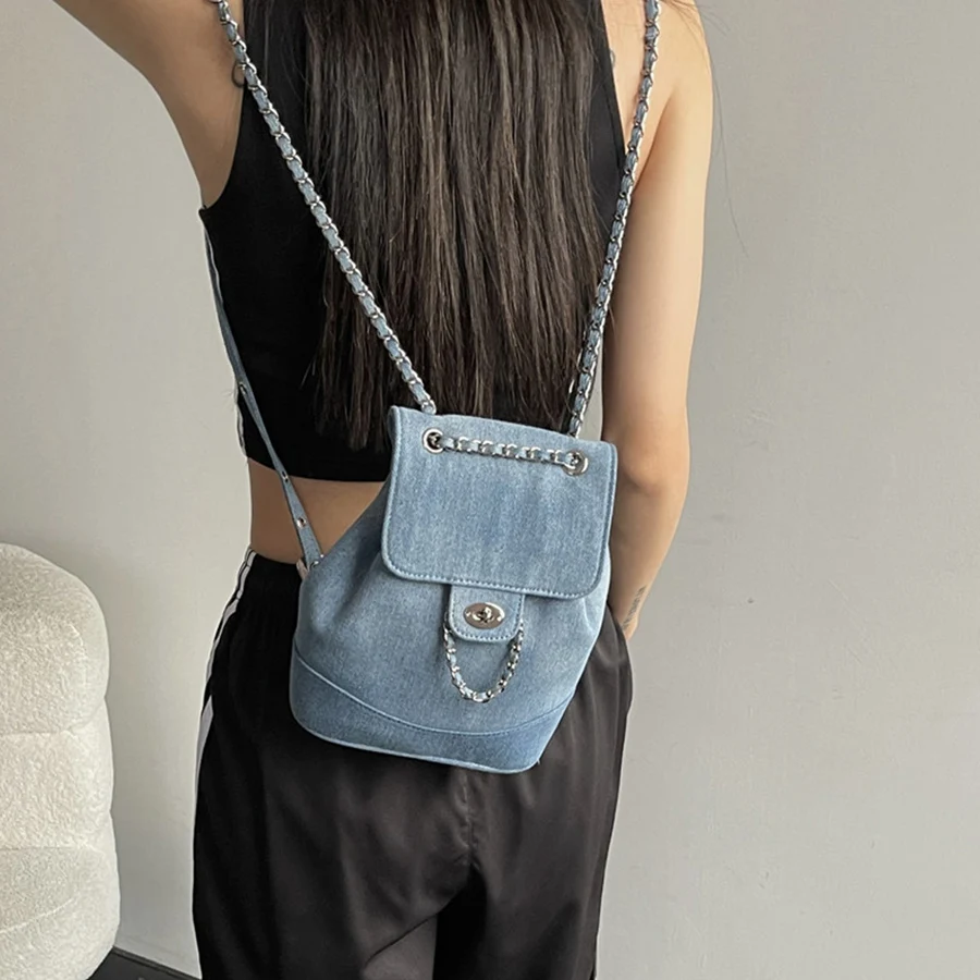 Tas punggung rantai mini Korea wanita, tas bahu biru denim pelajar ins ...