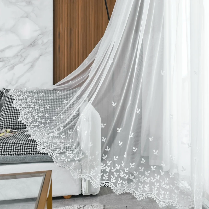 Modern White Leaves Sheer Curtains For Living Room Luxury Embroidery ...