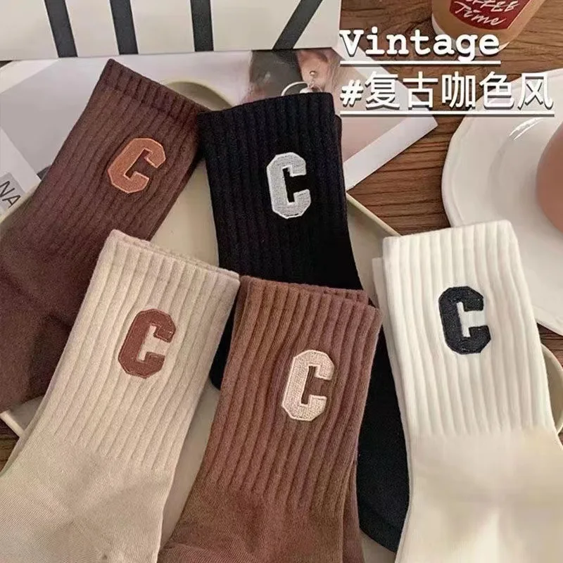 5Pairs-Letter-C-Women-Cotton-Socks-Spring-And-Summer-New-Mid-Tube ...