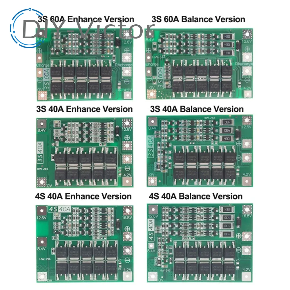 리튬 이온 배터리 충전기 보호 보드, 드릴 모터용 18650 BMS, 강화 및 균형, 3S, 4S, 40A, 60A, 11.1V ...