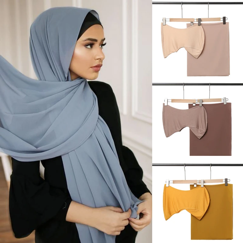 Chiffon Hijabs With Matching Inner Hats Sets Muslim Women Hijab ...