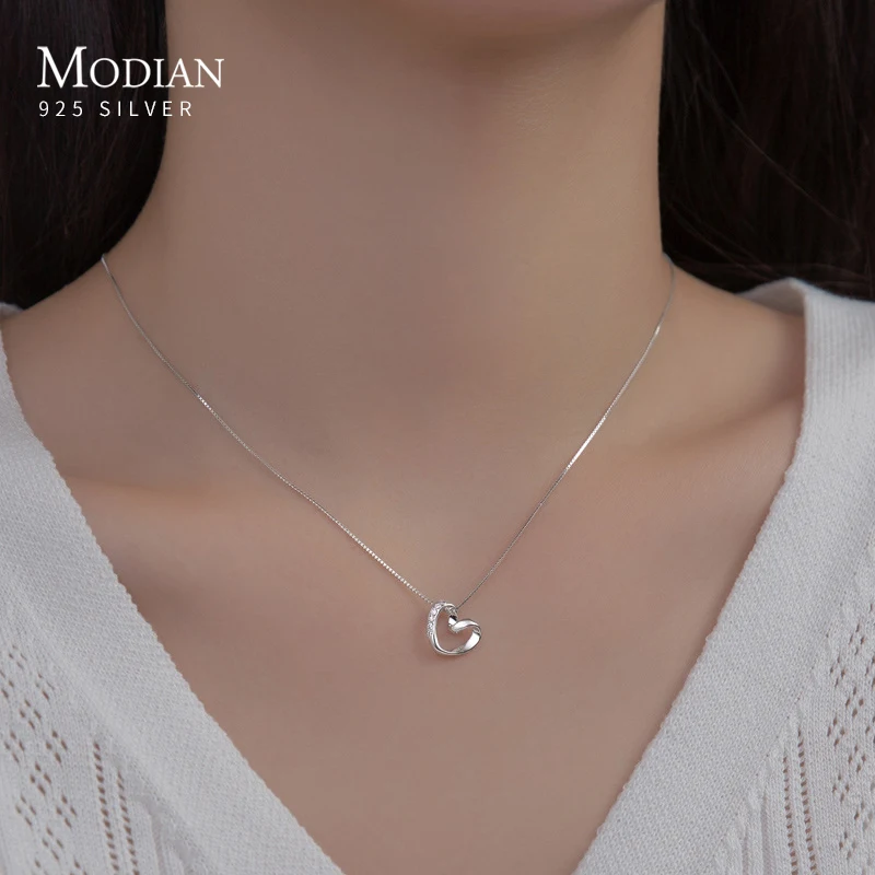 Modian-925-Sterling-Silver-Simple-Line-Heart-Necklace-Pendant-For-Women-Platinum-Plated-Chain ...