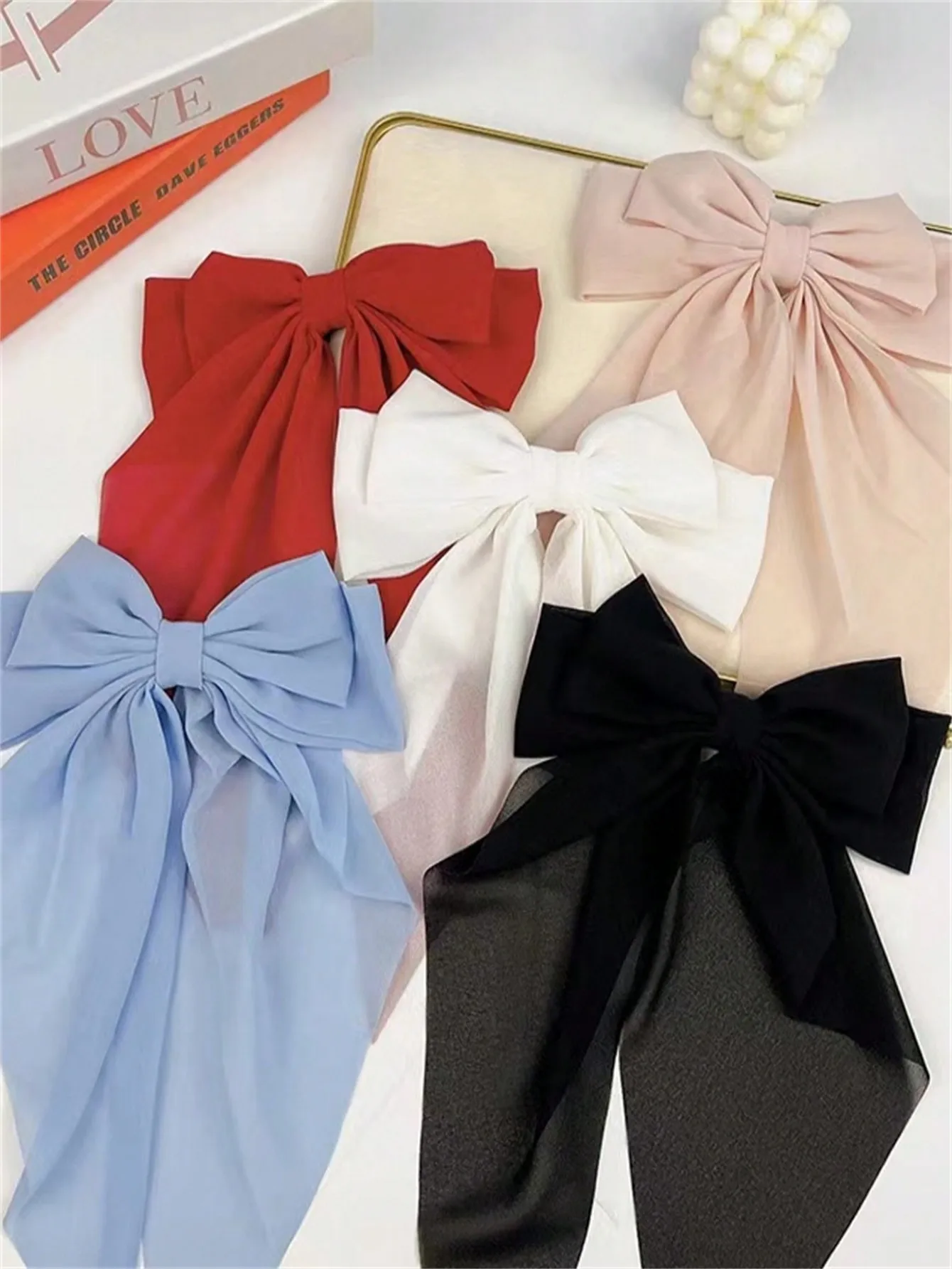 5-Women-s-new-multicolor-solid-bow-hair-clip-Long-streamer-Large ...