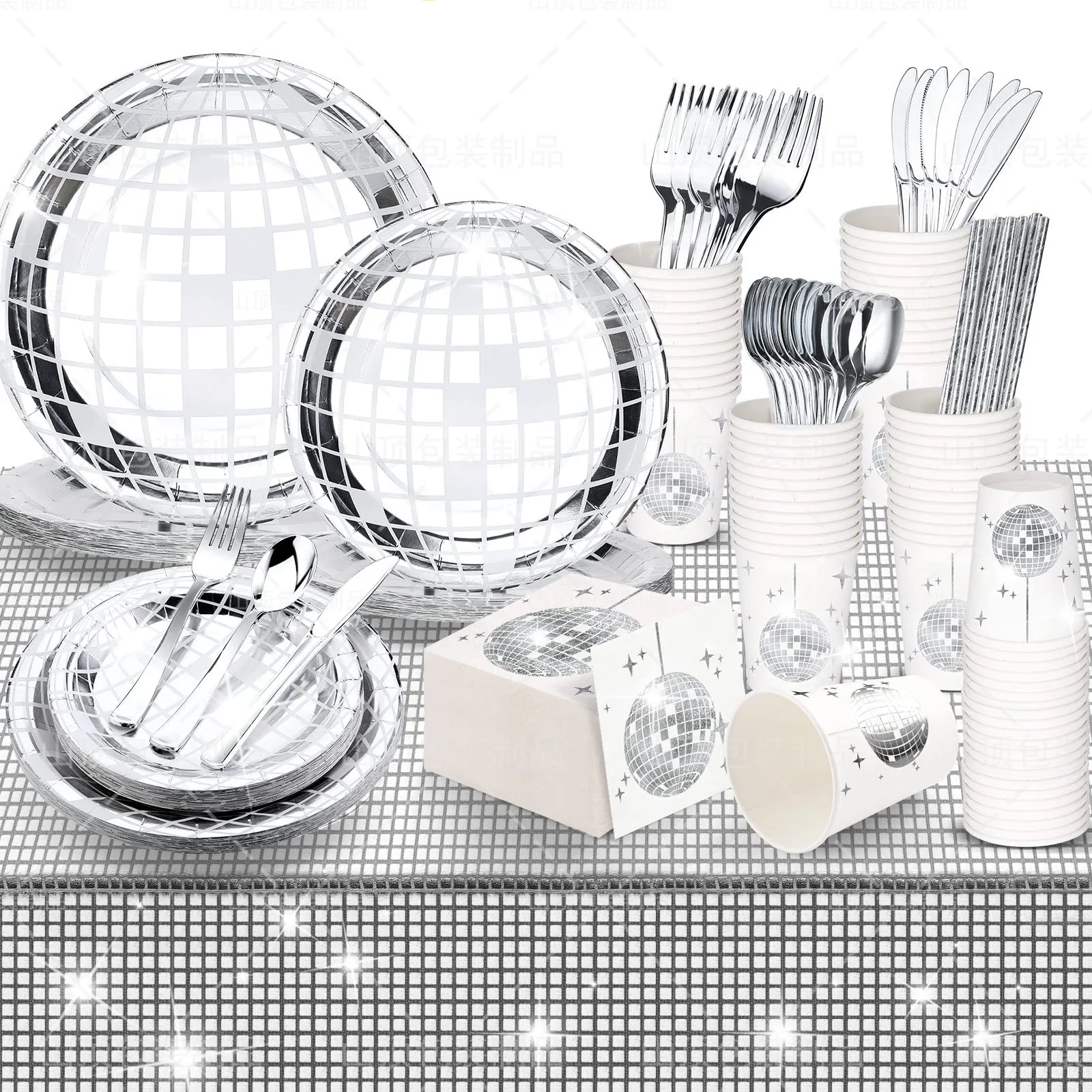 10Guests-Disco-Silver-Ball-Disposable-Tableware-Silver-Plates-Disco ...