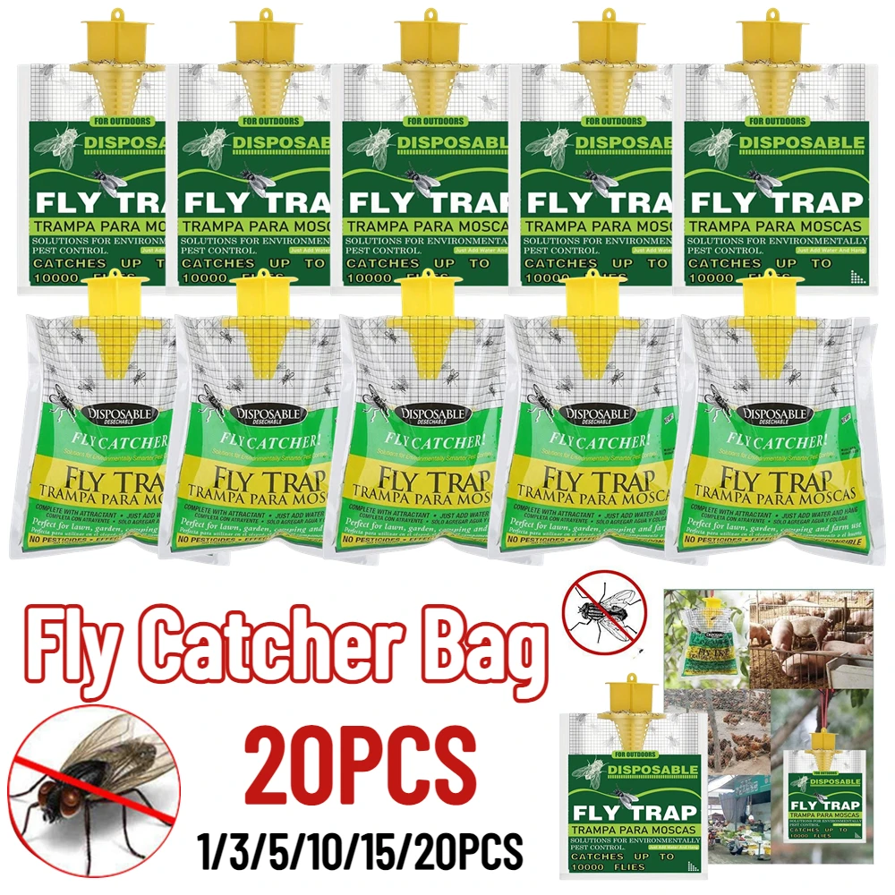 1-20PCS-Fly-Catcher-Bag-Hanging-Fly-Trap-Disposable-Insect-Catcher-Bags ...