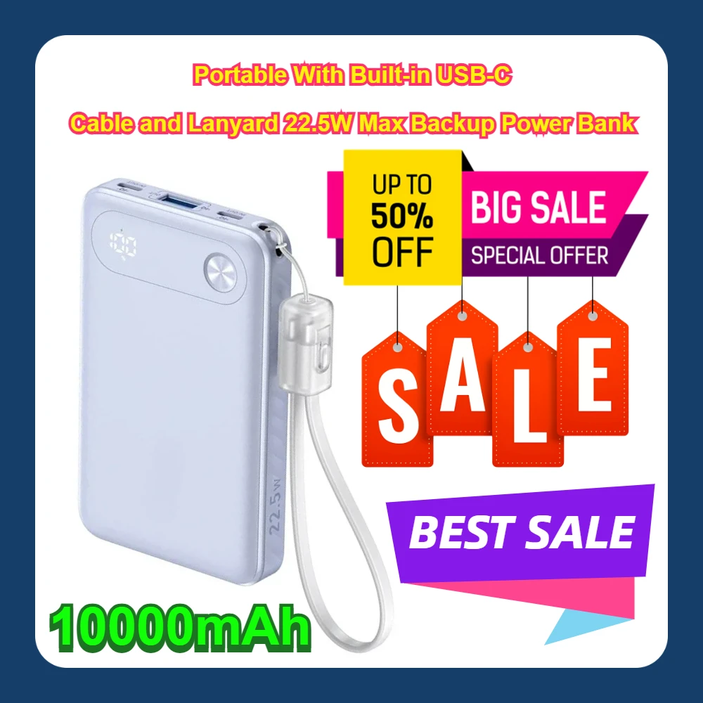 10000mAh Portable With Built-in USB-C Cable and Lanyard 22.5W Max ...