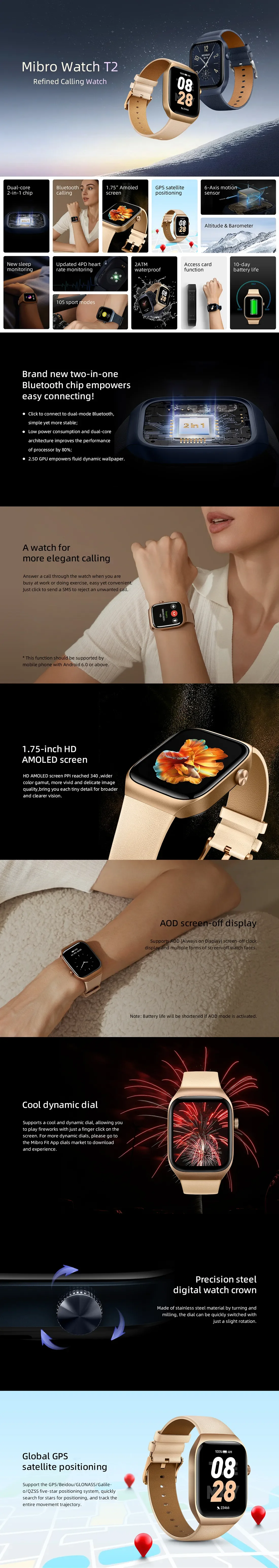 Mibro T2 Smartwatch GPS Positioning 1.75Inch AMOLED HD Screen AOD 2ATM ...