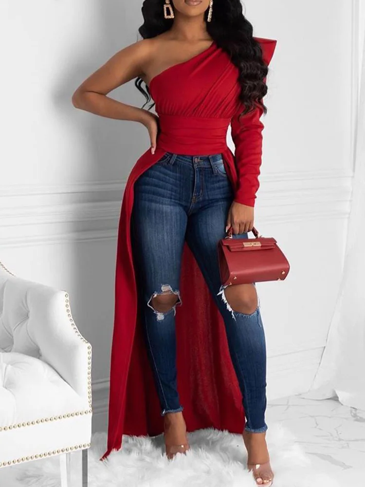 Solid One Shoulder Dip Hem Blouse Women Long Sleeve Skew Collar