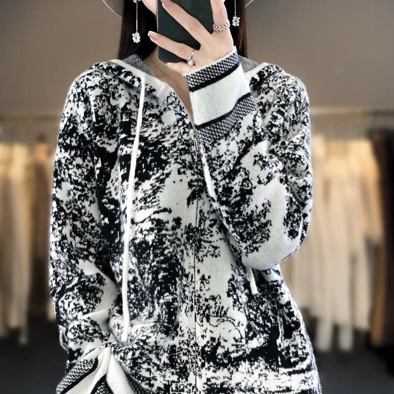 Women Pure Cashmere Wool Ink Painting Sweater Hooded Collar Cardigan ...
