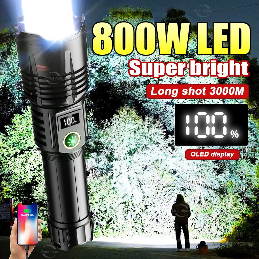 100000LM-Ultra-Powerful-LED-Flashlight-Super-Bright-800W-Torch-Type-c ...