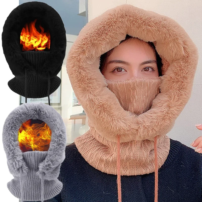 Thicken-Fleece-one-piece-Hat-Women-Knitted-Fluffy-Cap-Scarf-Mask-Set ...