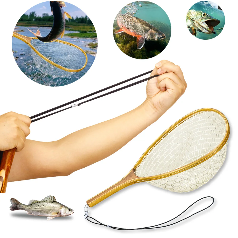Fly-Fishing-Landing-Net-Soft-Rubber-Mesh-Trout-Net-with-Wooden-Handle ...