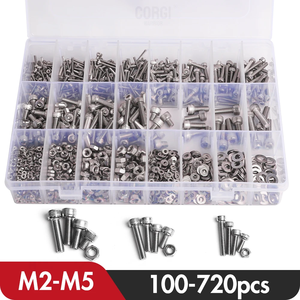 100-720 Pcs Hex Socket Head Cap Machine Screws Kit M2 M2.5 M3 M4 M5 ...