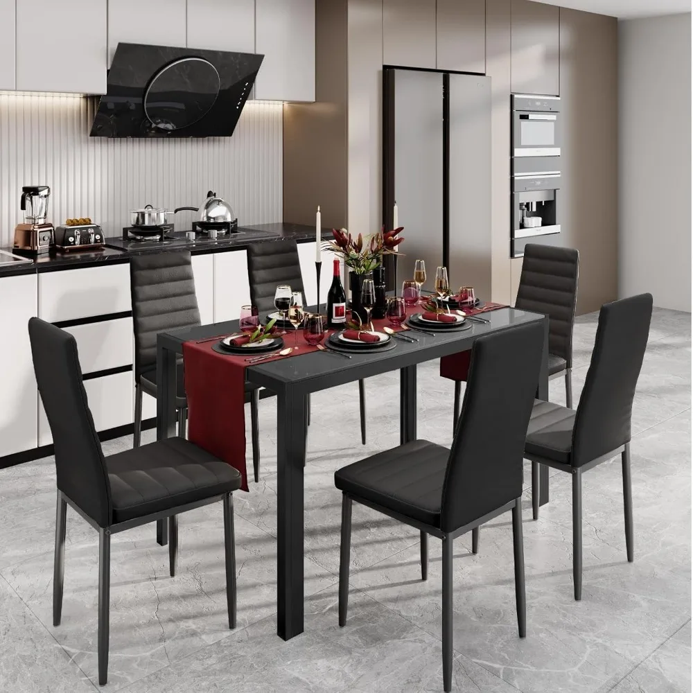 Glass Dining Table Sets for 6, 7 Piece Kitchen Table and Chairs Set for 6 Person, PU Leather ...