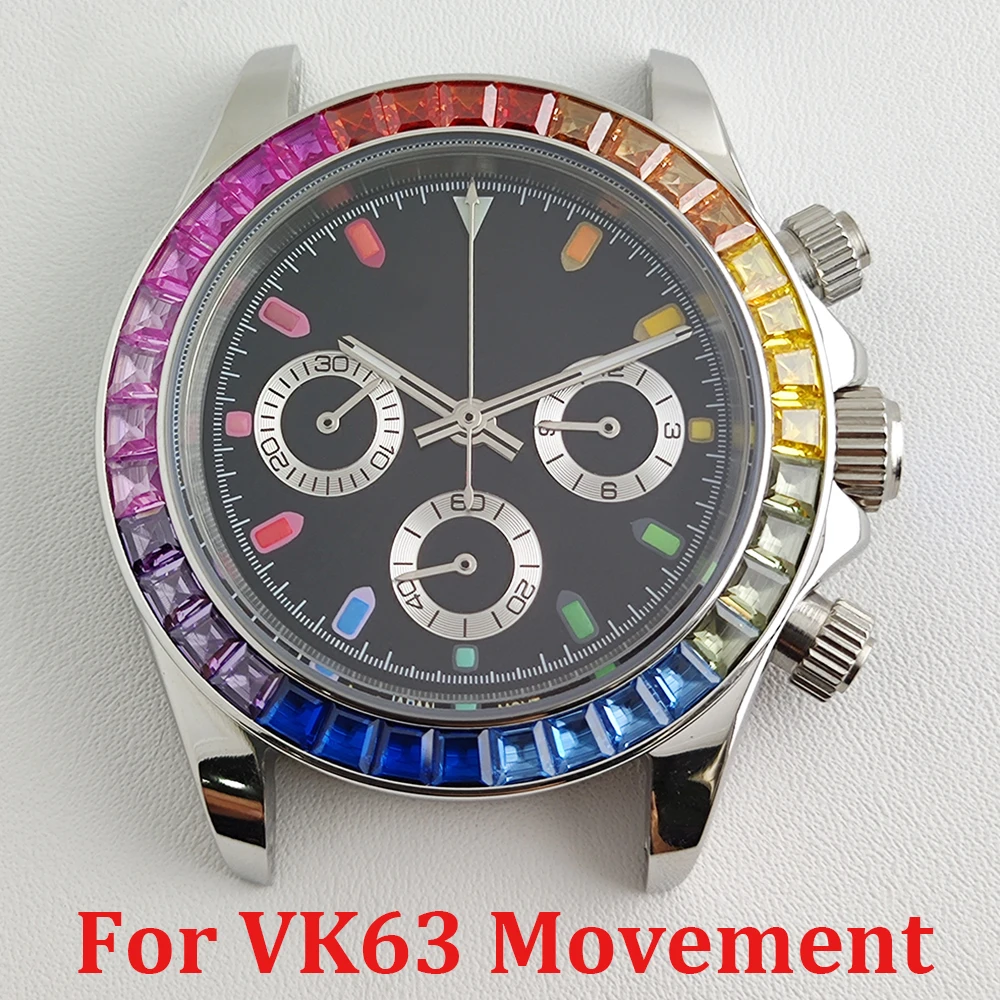 39mm VK63 Case Chronograph Diamond Bezel Rainbow Dial Men's Watch ...