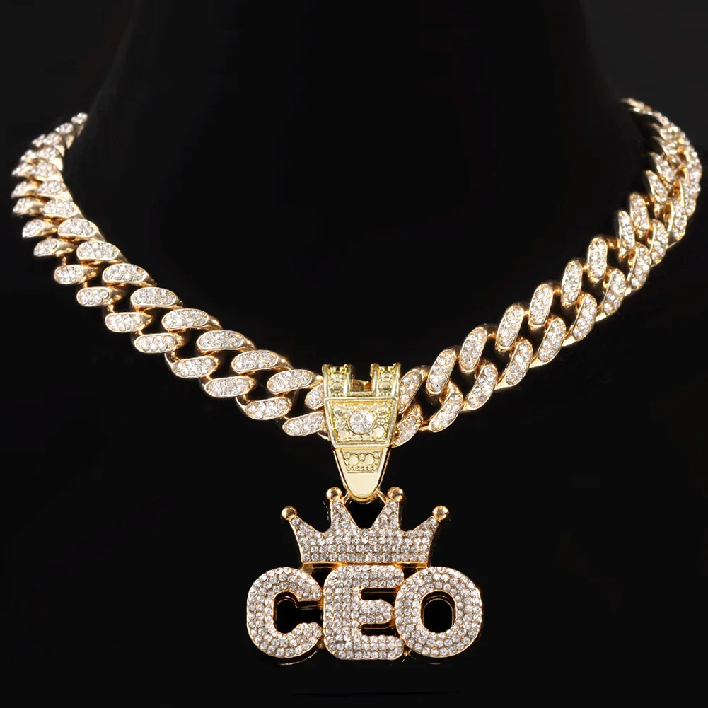Fashion Bling Iced Out Ceo Letter Pendant Cuban Necklace For Men Women ...