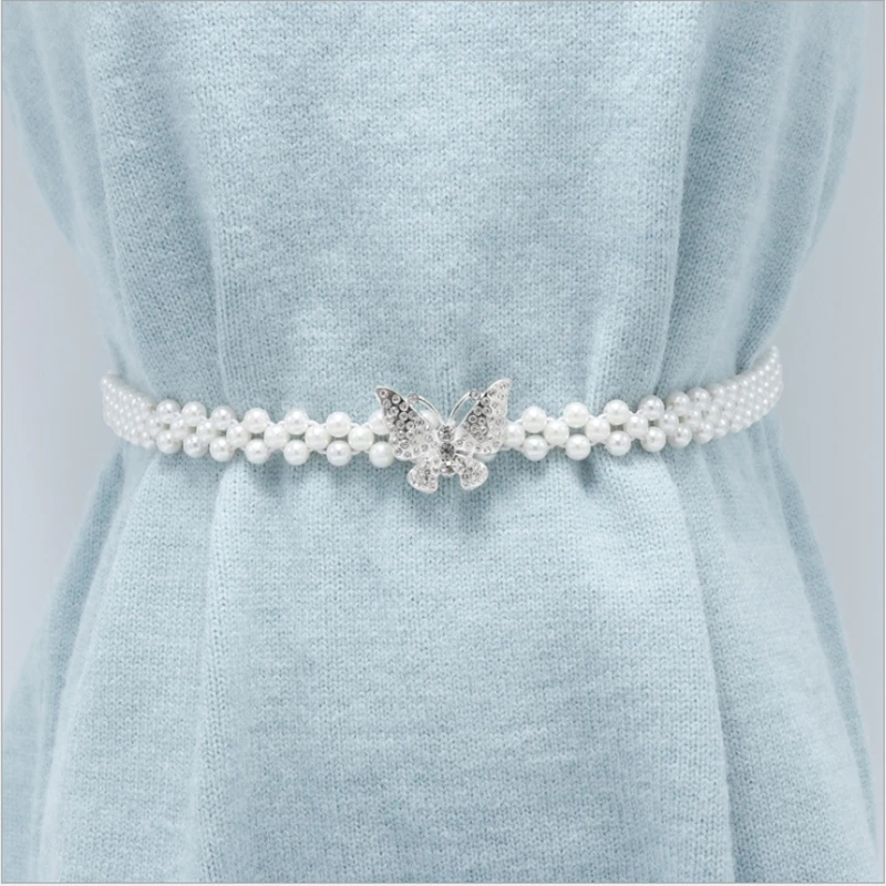 Elegant Women Pearl Belt Waist Belt Elastic Buckle Pearl Chain Belt ...