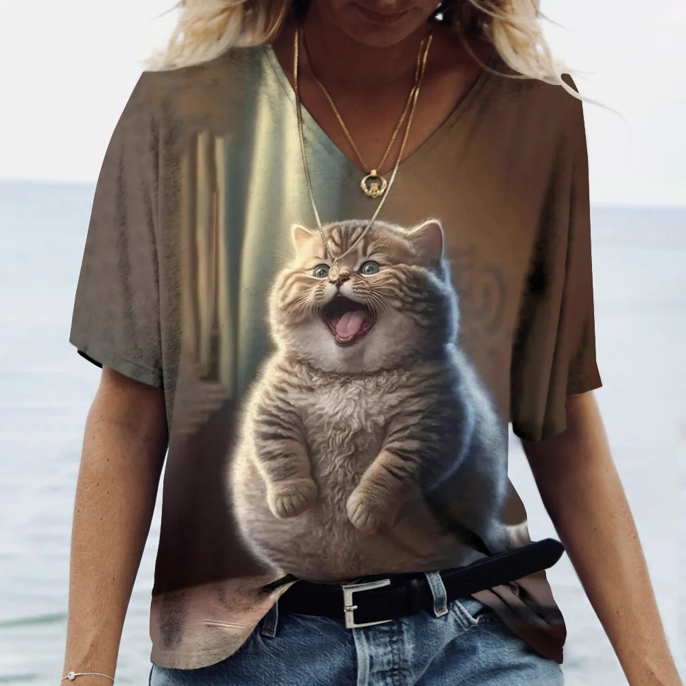 Fashion-Women-s-Tops-2024-T-Shirt-Women-s-3D-Fat-Cat-Print-Kawaii-V ...