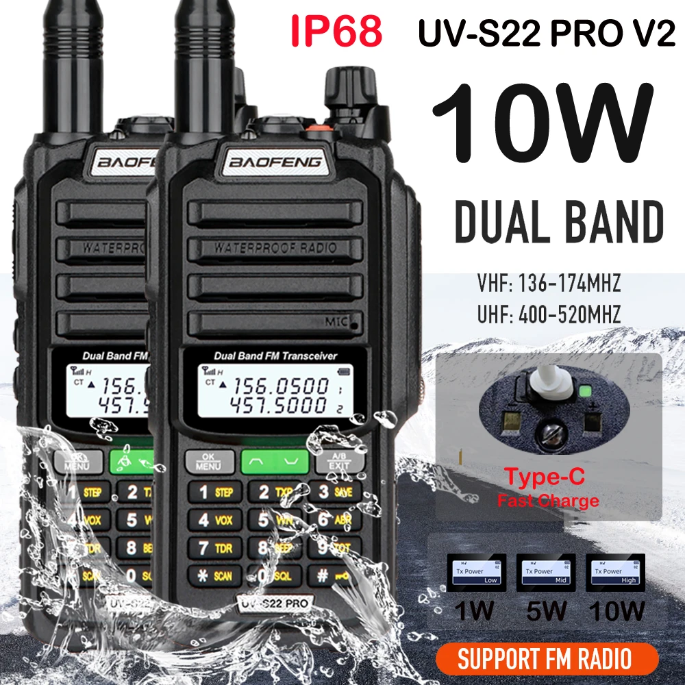 2PCS Baofeng UV S22 PRO V2 IP68 Waterproof Walkie Talkie 10W Two Way Radio UHF VHF Ham CB Radio ...