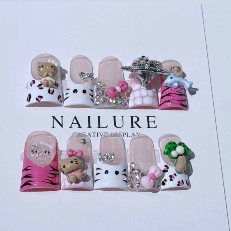 10pcs-Handmade-Nail-Tips-French-3D-Hello-Kitty-Charm-Decor-Fake-Nails ...