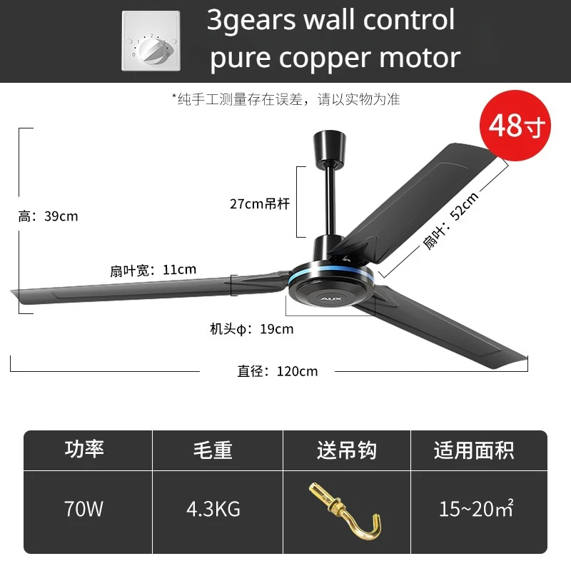 48inch-Black-Electric-Ceiling-Industrial-Fan-Big-Wind-All-copper-coil ...
