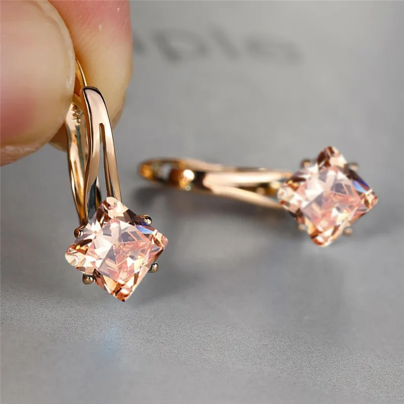 Cute Female Champagne Square Earrings Luxury Crystal Zircon Stone Hoop ...
